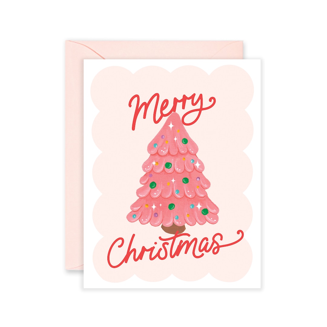 Pink Merry Christmas Holiday Greeting Card | Pink Christmas Tree ...
