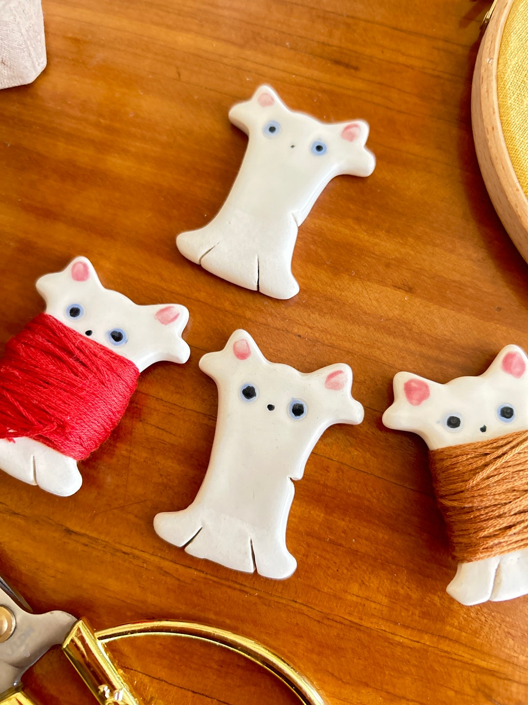 Handmade Kitty Porcelain Floss Bobbins – Cross Stitch, Embroidery ...
