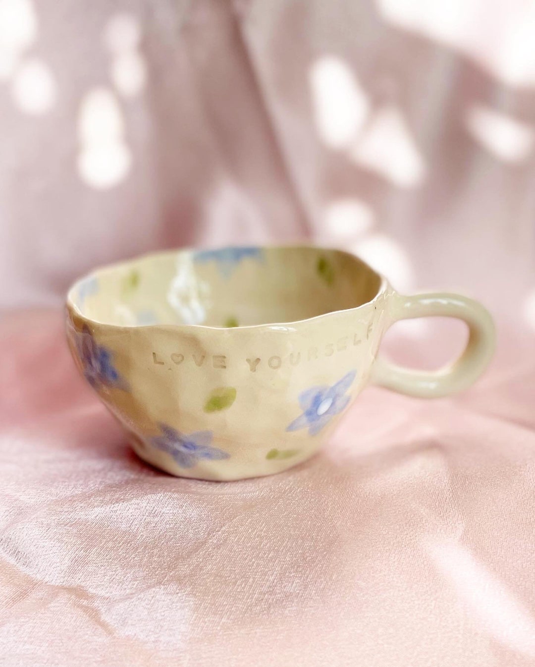 Handmade Ceramic Coffee Mug – Blue Floral, Love Yourself - Etsy