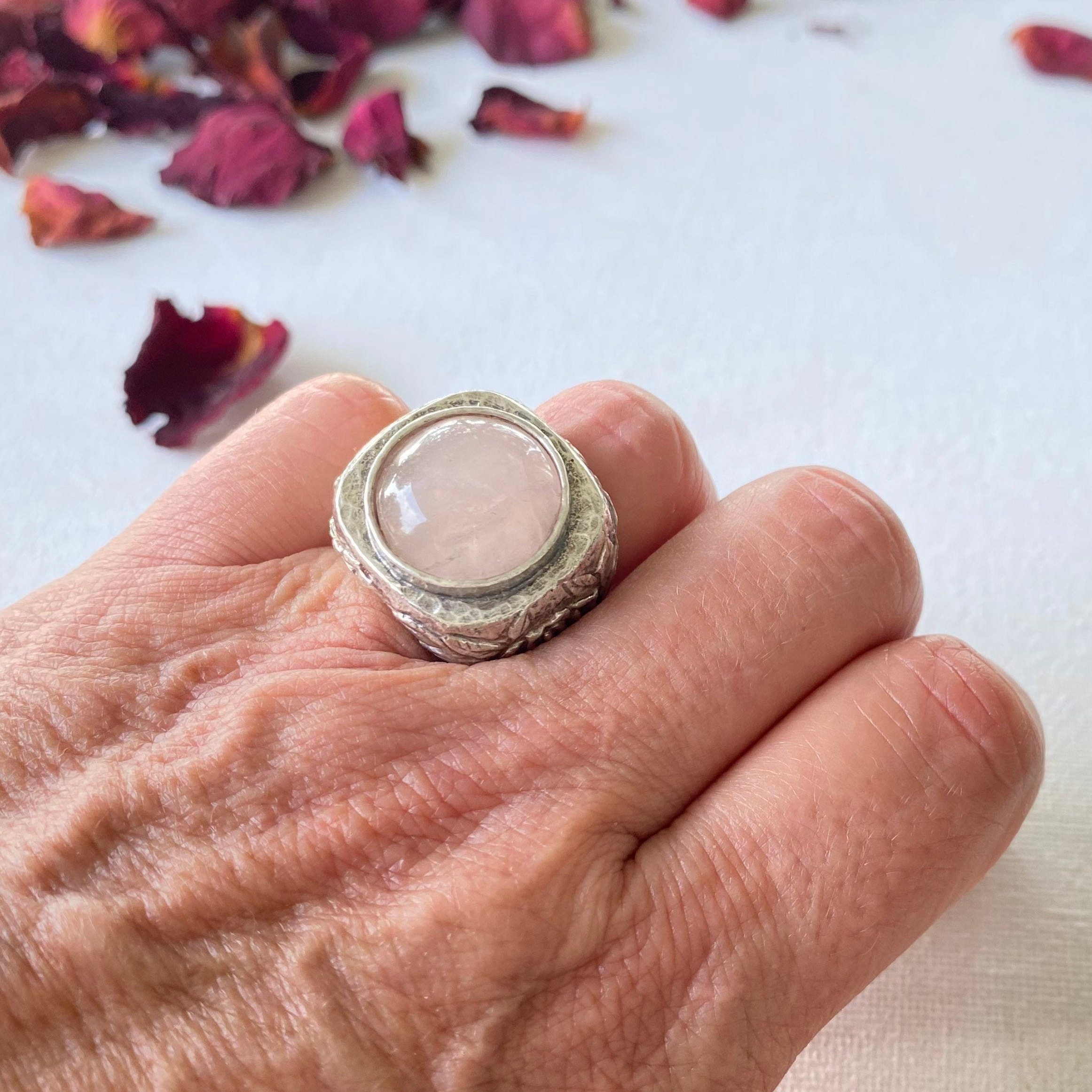 Statement Bohenian Ring ROSE Quartz Stone Roses Silver Ring - Etsy UK