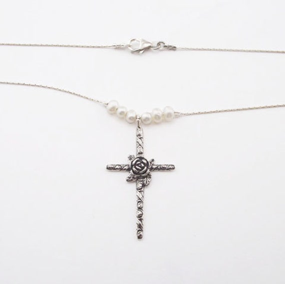 Cross Decorated With A Rose Flower Natural Pearls Beads - Etsy