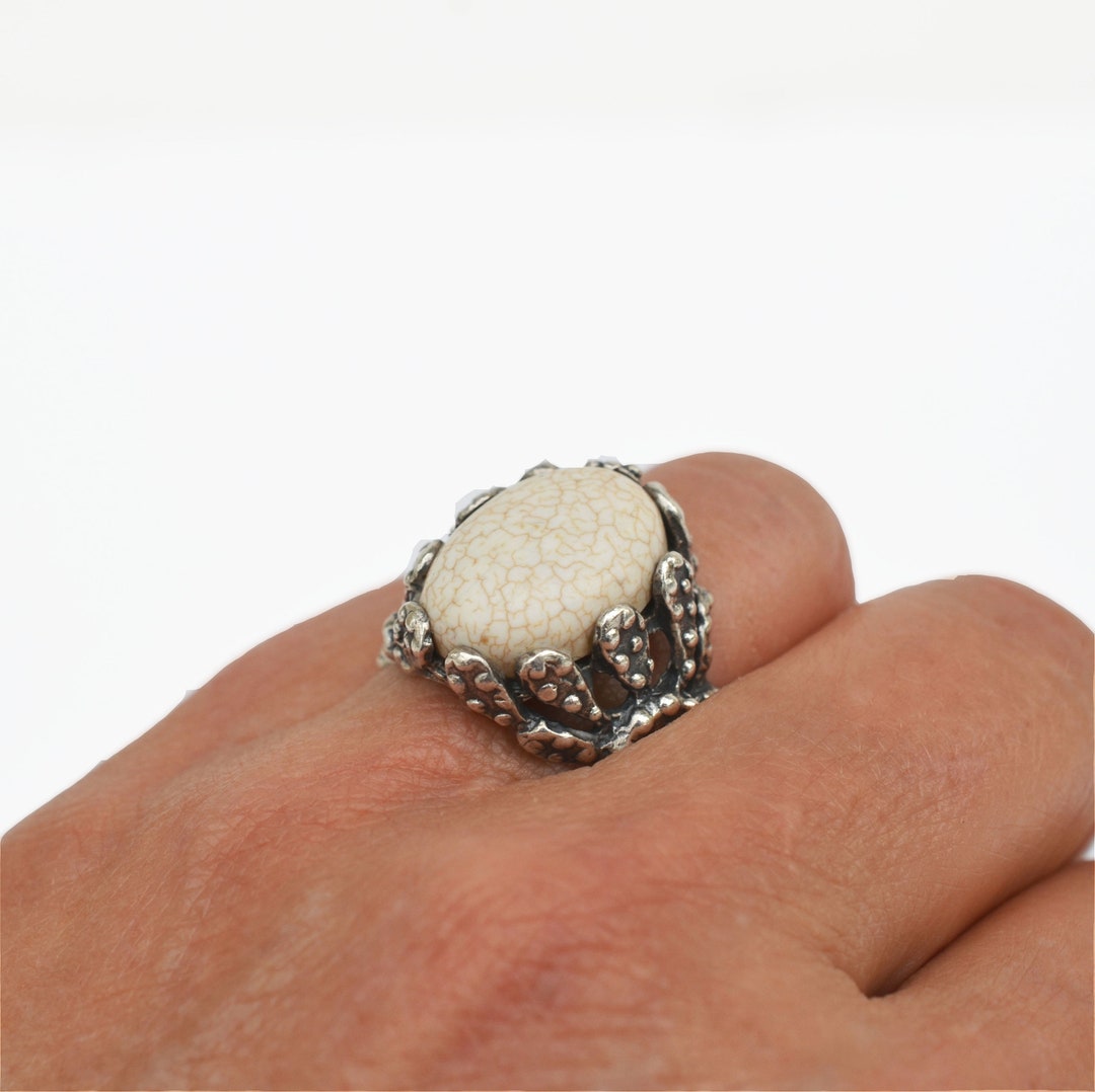 Sterling Silver Howlite Ring, Granulated Bohemian Statement Jewelry - Etsy