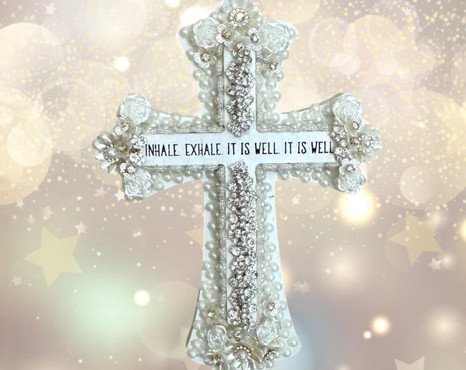 Hand Painted White Wooden Cross With Flowers & Austrian Crystals ...