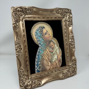 Jeweled Virgin Mary With Baby Jesus, Blessed Framed Jewelry Art Virgin ...