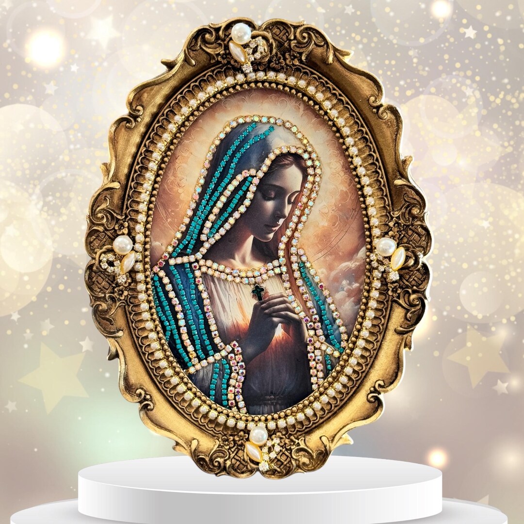 Oval Virgin Mary Art With Gold-tone Frame & Rhinestones | Pearl Accents ...