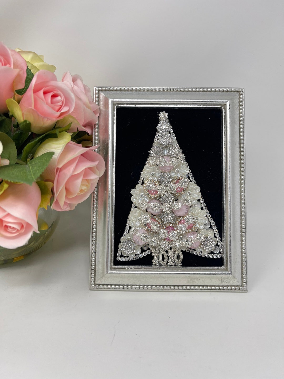 Jeweled Framed Christmas Tree, Detailed Silver White and Pink ...