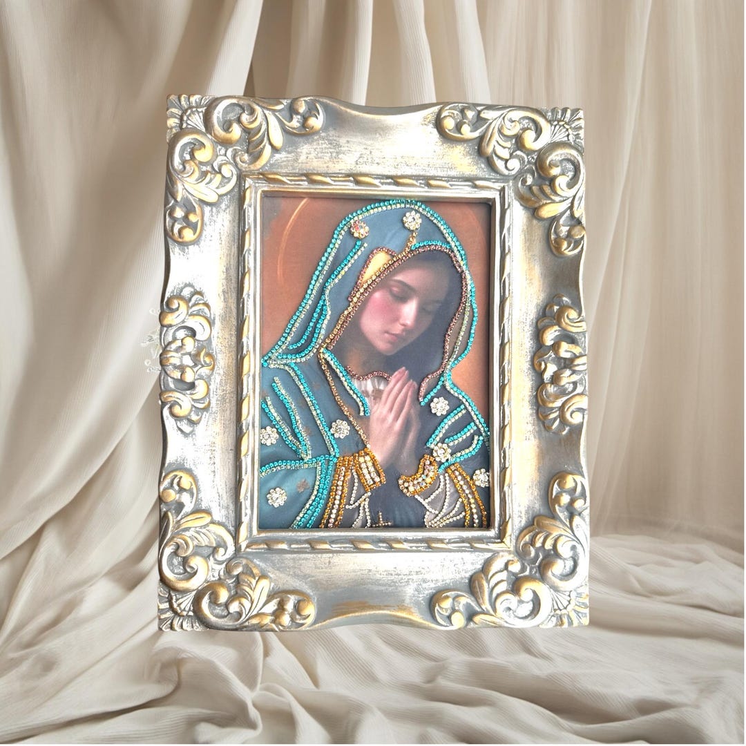 Virgin Mary Rhinestone Art, 8x10 Ornate Frame, Handcrafted Catholic ...