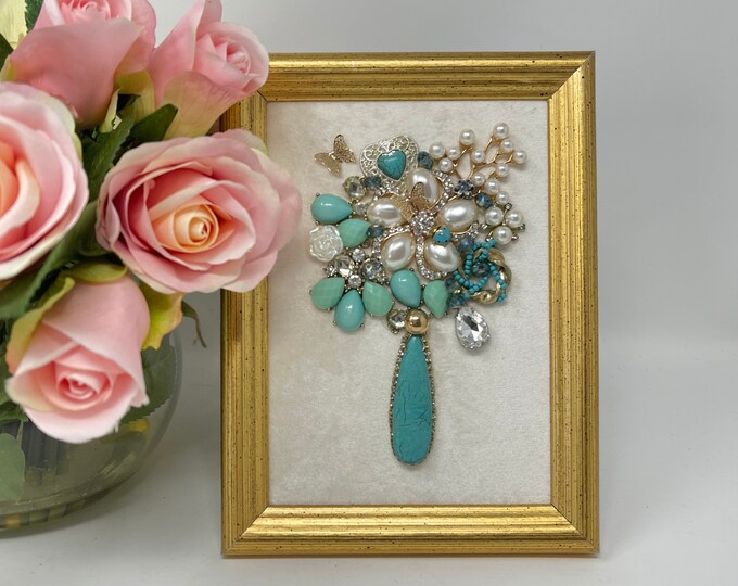 Jeweled Flower Bouquet, Turquoise and Gold, Framed Jewelry Art ...