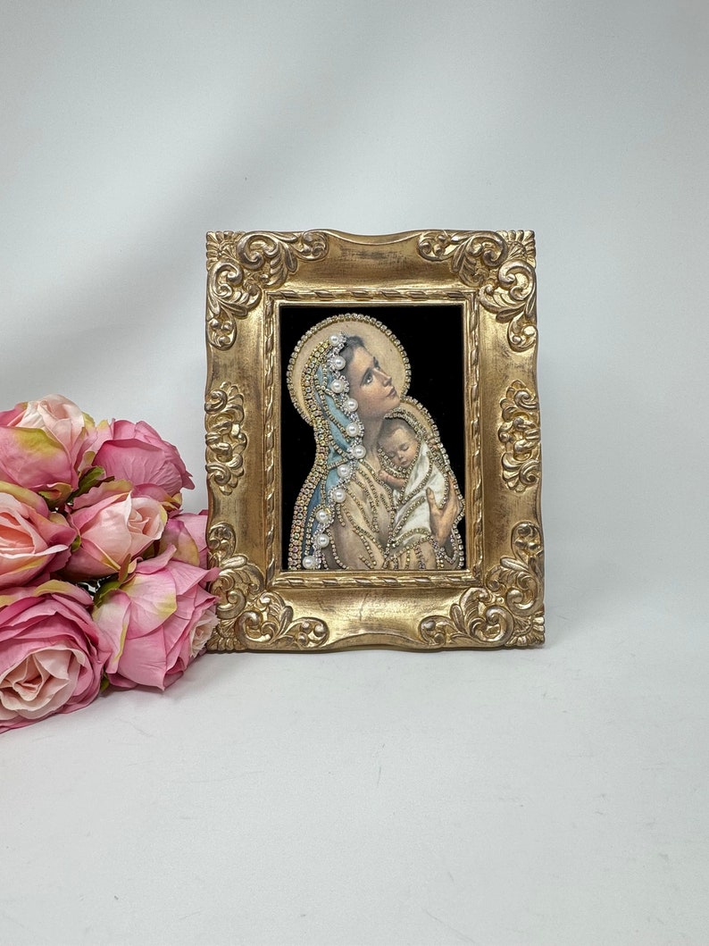Handcrafted Jeweled Virgin Mary With Baby Jesus Art Blessed Icon in ...