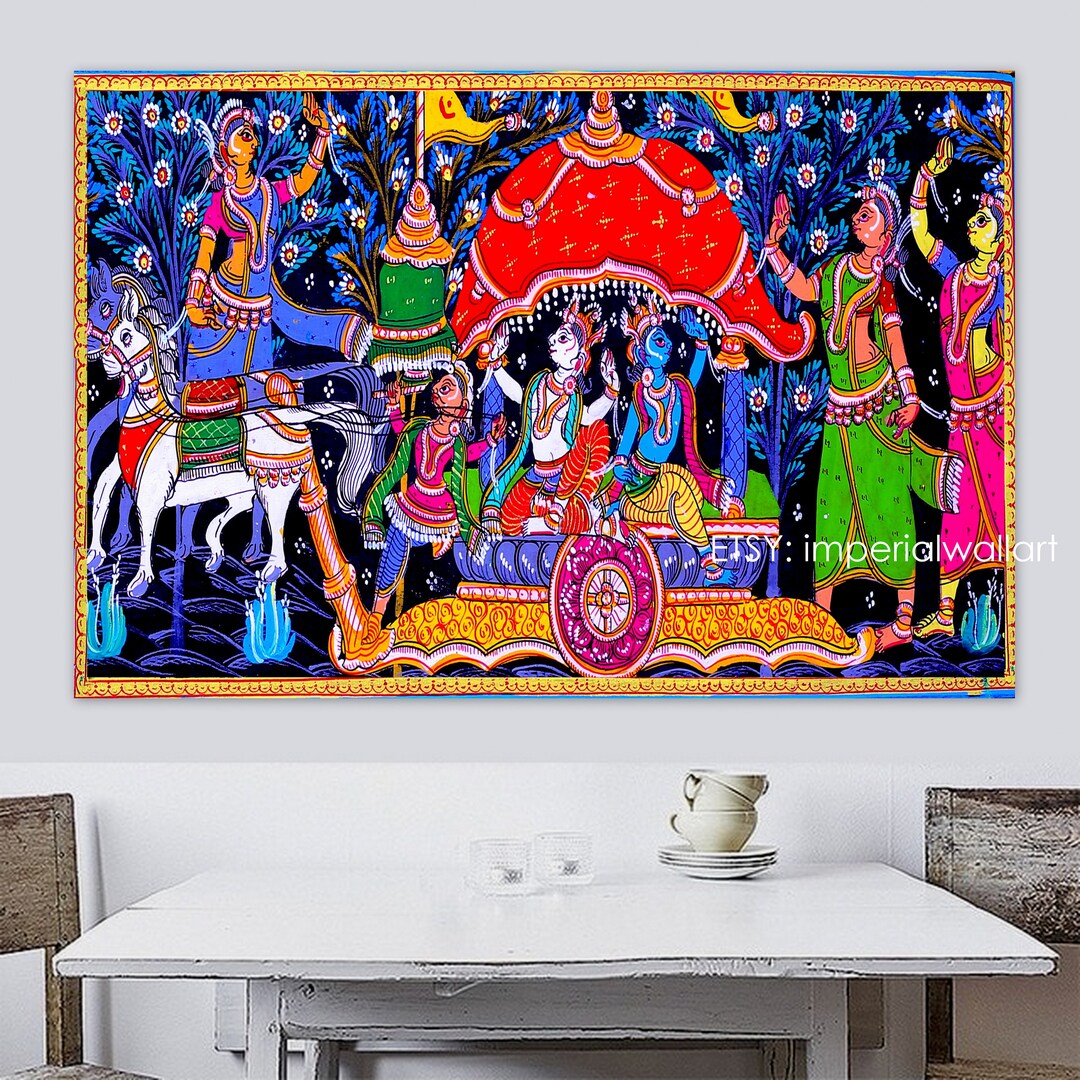 Krishan Radha Yatra Handmade Madhubani Indian Canvas Painting Wall Art ...