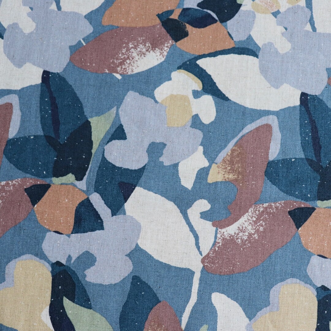 Japanese Linen Cotton Fabric, Hokkoh Leaf Print by the Half Yard, Blue ...
