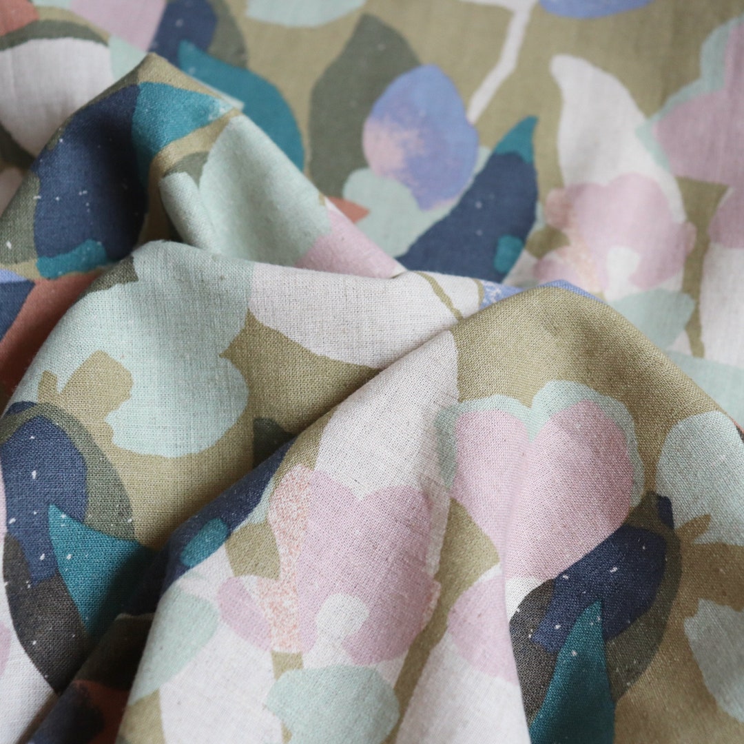 Japanese Linen Cotton Fabric, Hokkoh Leaf Print by the Half Yard, Olive ...