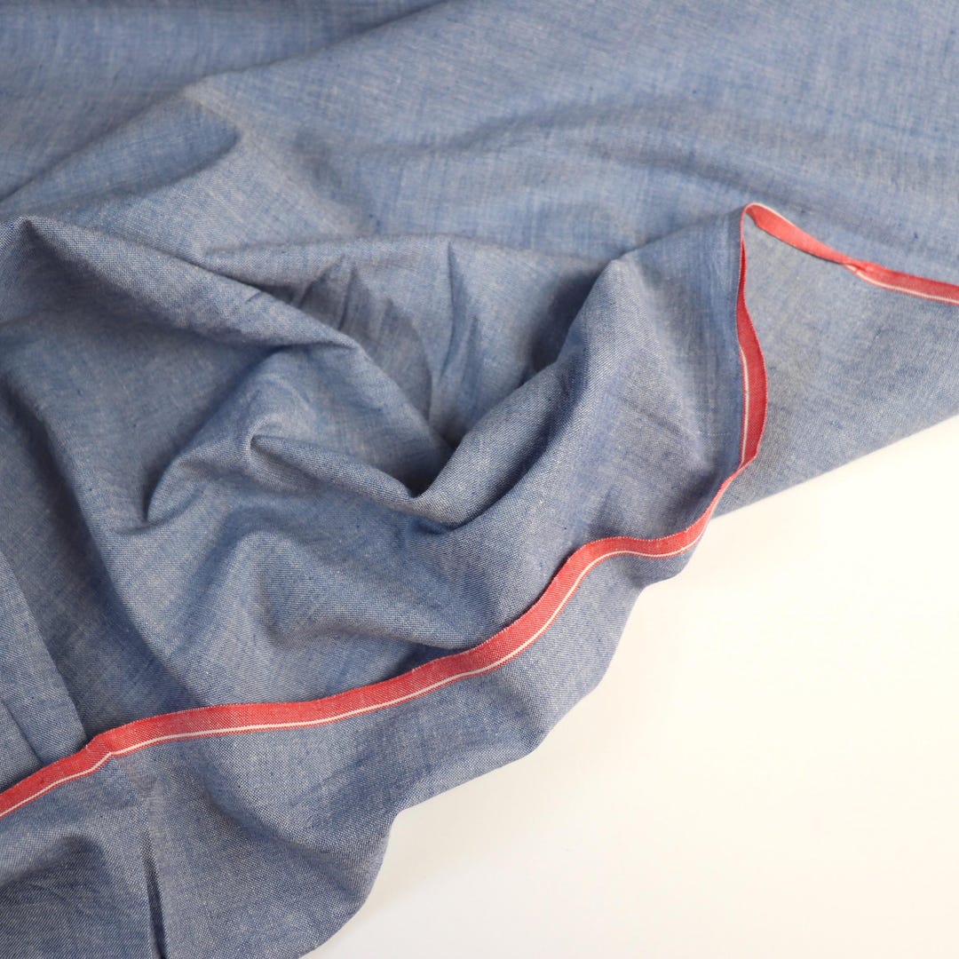 Handloom Cotton Fabric by the Half Yard, Blue Chambray Weave With Red ...