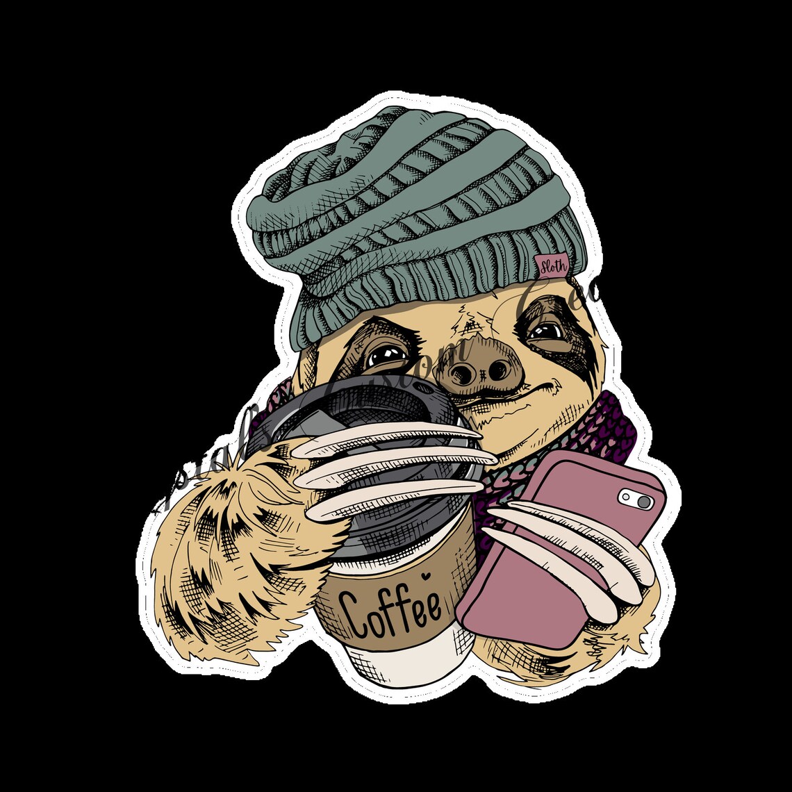 Hipster Sloth with Coffee and Cell Phone | Etsy