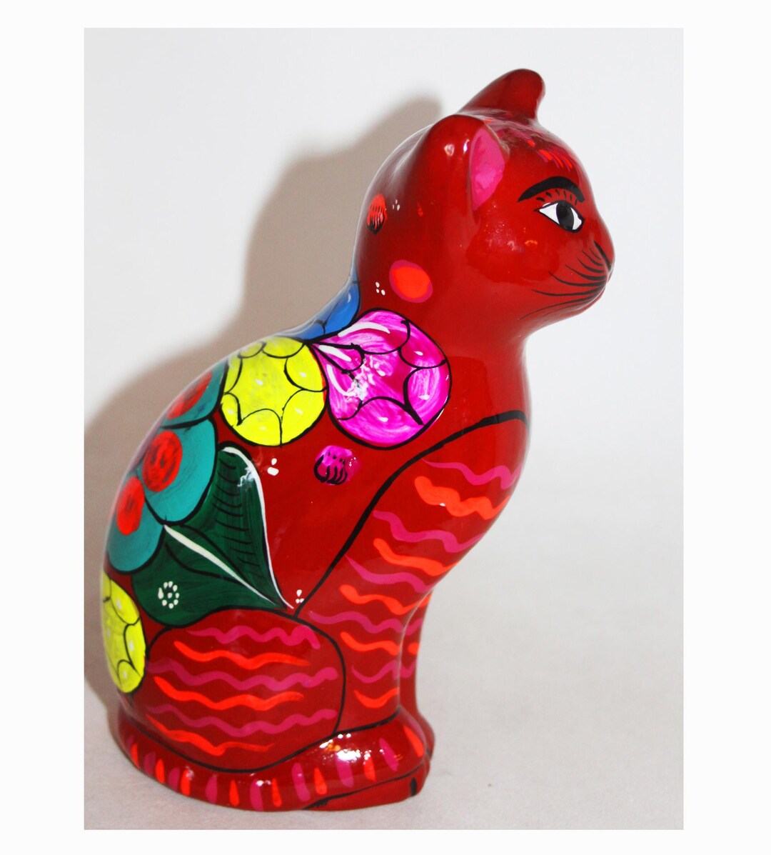 Colorful Mexican Cat Folk Art Black Cat Figurine Tonala Mexican Pottery ...