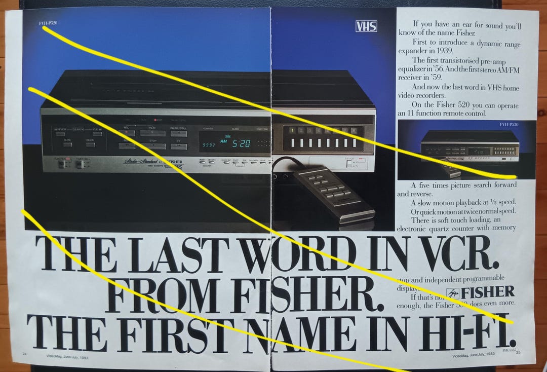 1983 Double Page Advert FISHER VHS + Sanyo Betacord Single Page Advert ...