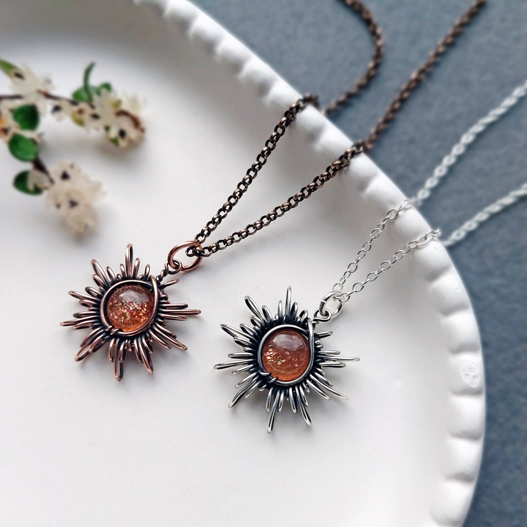 Sunstone Sun Necklace Wire Wrapped Sun Pendant Copper Sun Pendant ...