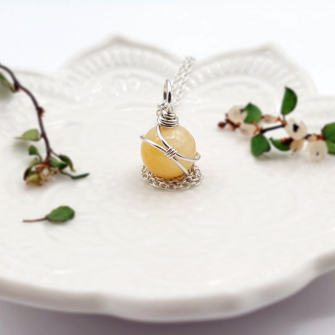 Yellow Jade Necklace Sterling Silver Sphere Necklace Wire Wrapped Honey ...