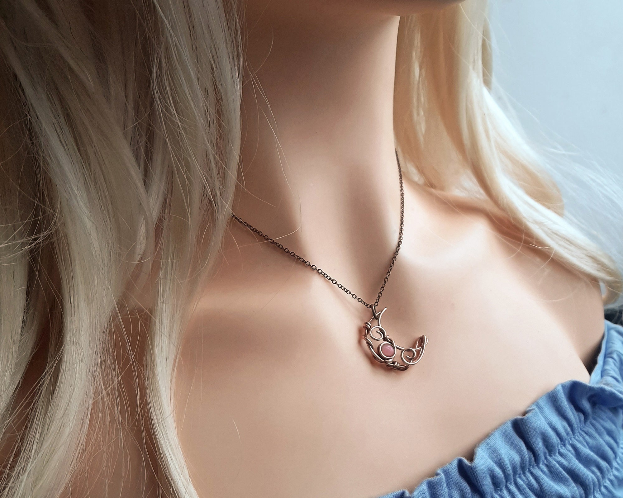 Pink Opal Necklace, Moon Necklace, October Birthstone, Crescent Crystal ...