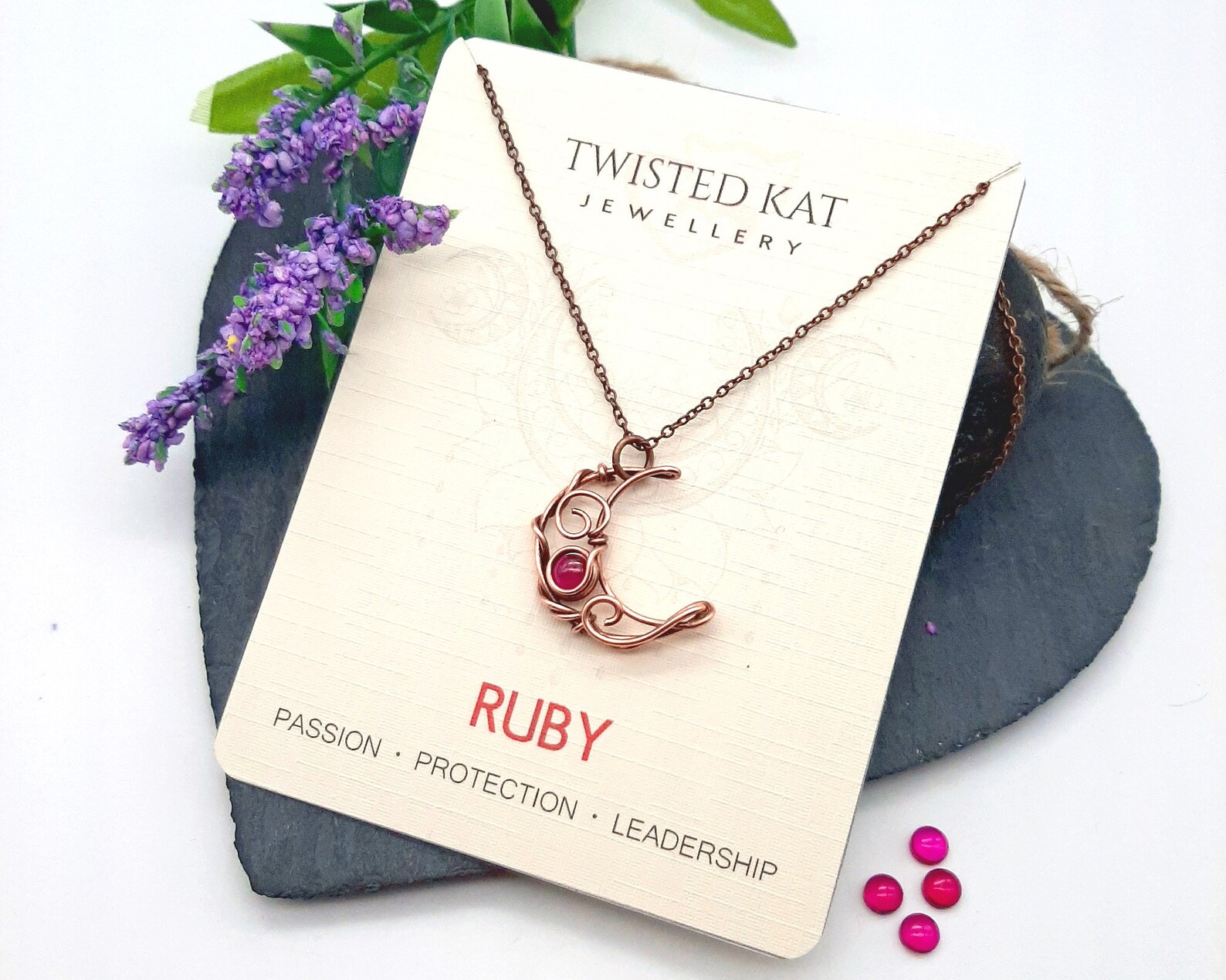 Ruby Necklace, Moon Necklace, July Birthstone, Crescent Moon, Crystal ...