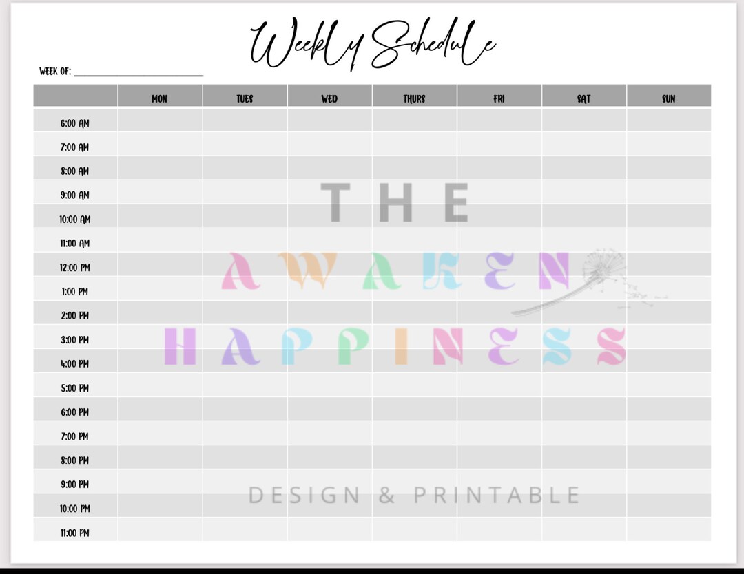 Weekly Schedule Printable, Hourly Schedule Printable, Digital Download ...