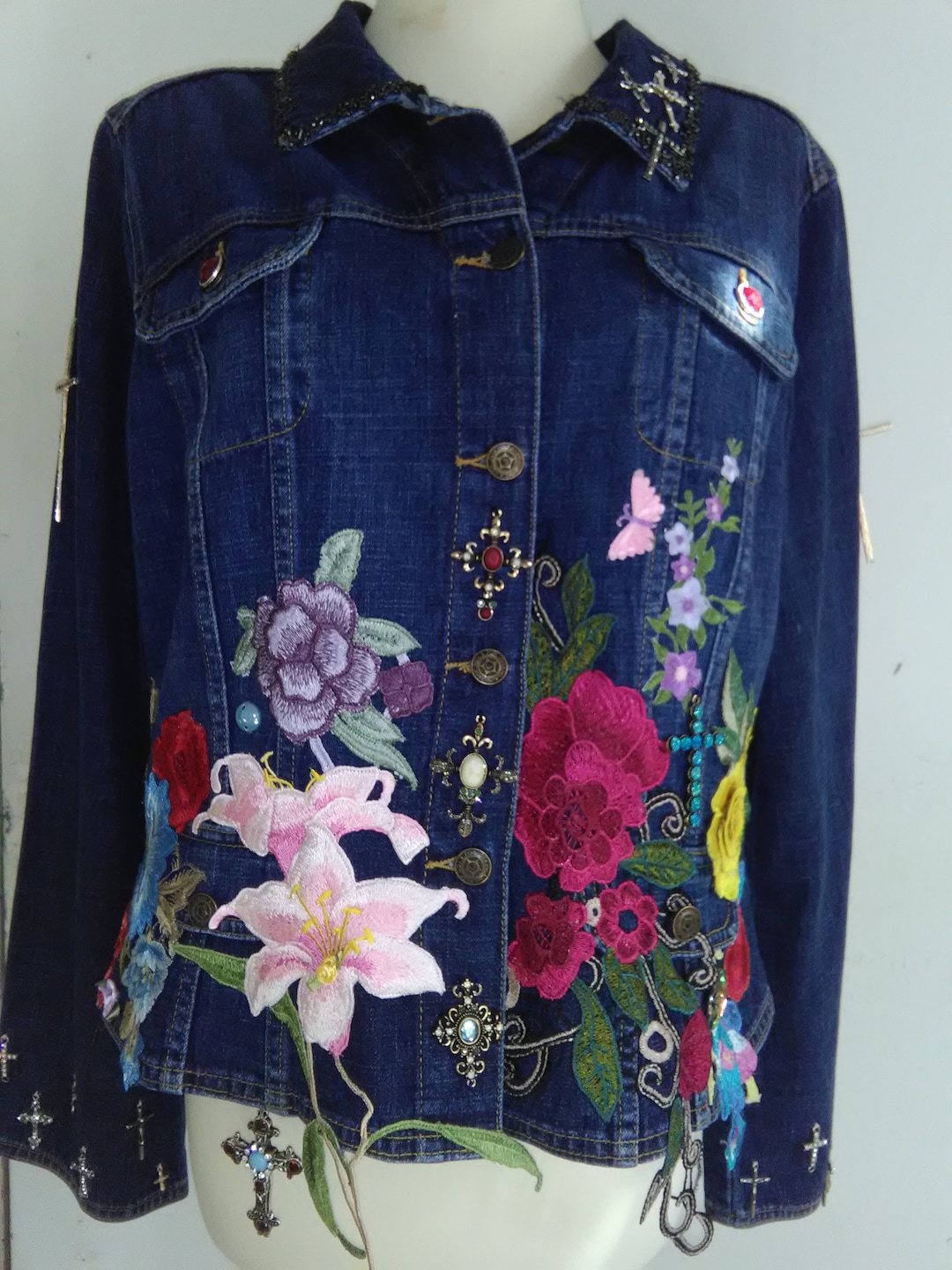 Hand Decorated Denim Jacket.... "all MY Crosses" - Etsy