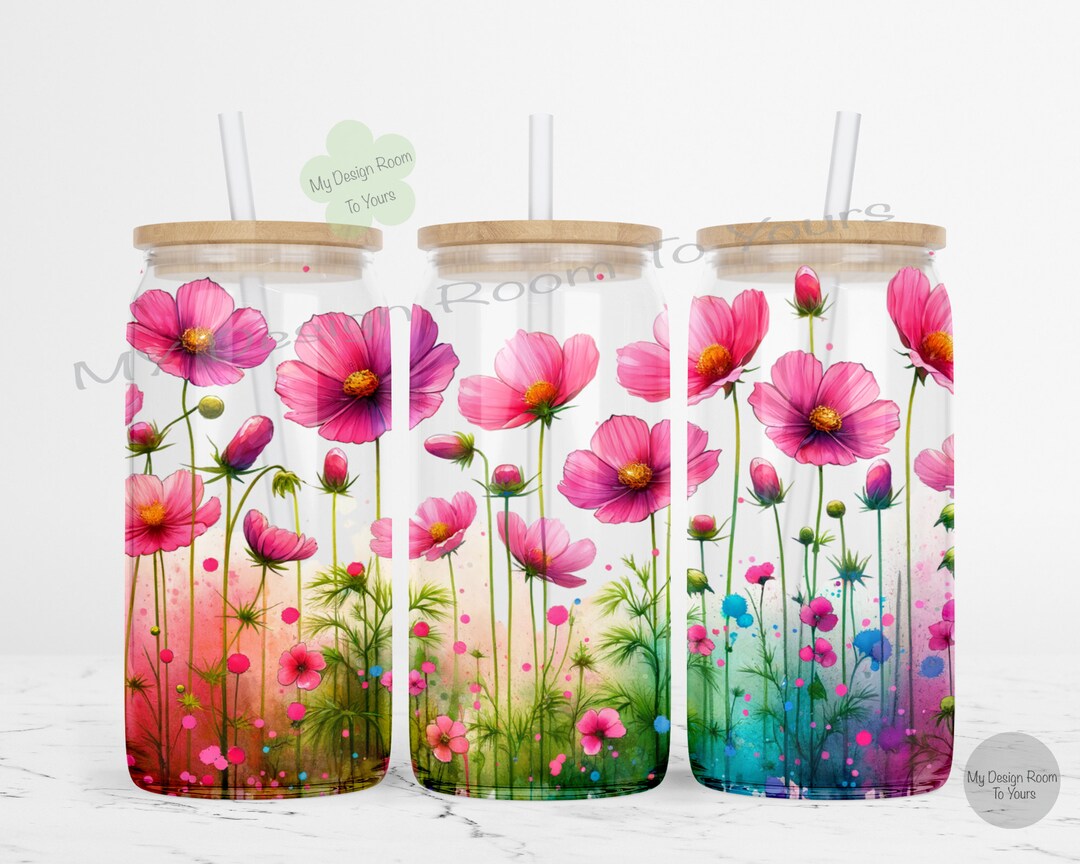 Pink Flowers 16oz Libbey Glass Wrap, Flower 16 Oz Glass Can Wrap PNG ...