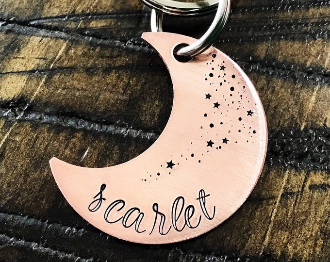 Moon Dog Tag Luna Custom Pet ID Hand Stamped Copper Stars Galaxy ...