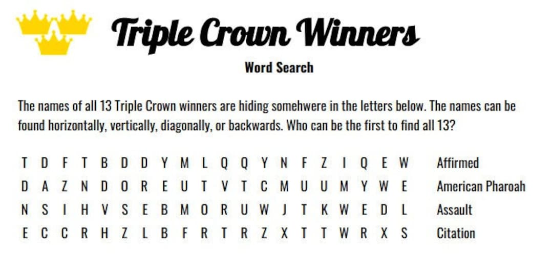 Triple Crown Winners Word Search - Etsy
