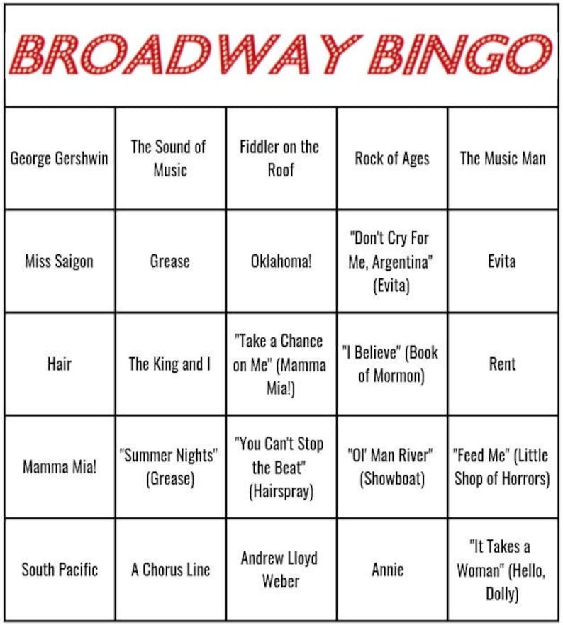 Broadway Bingo - Etsy