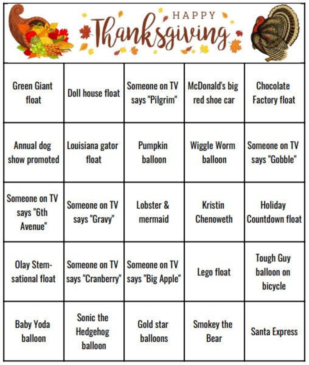 2021 Thanksgiving Day Parade Watch Along Bingo Cards (includes 30 Cards ...