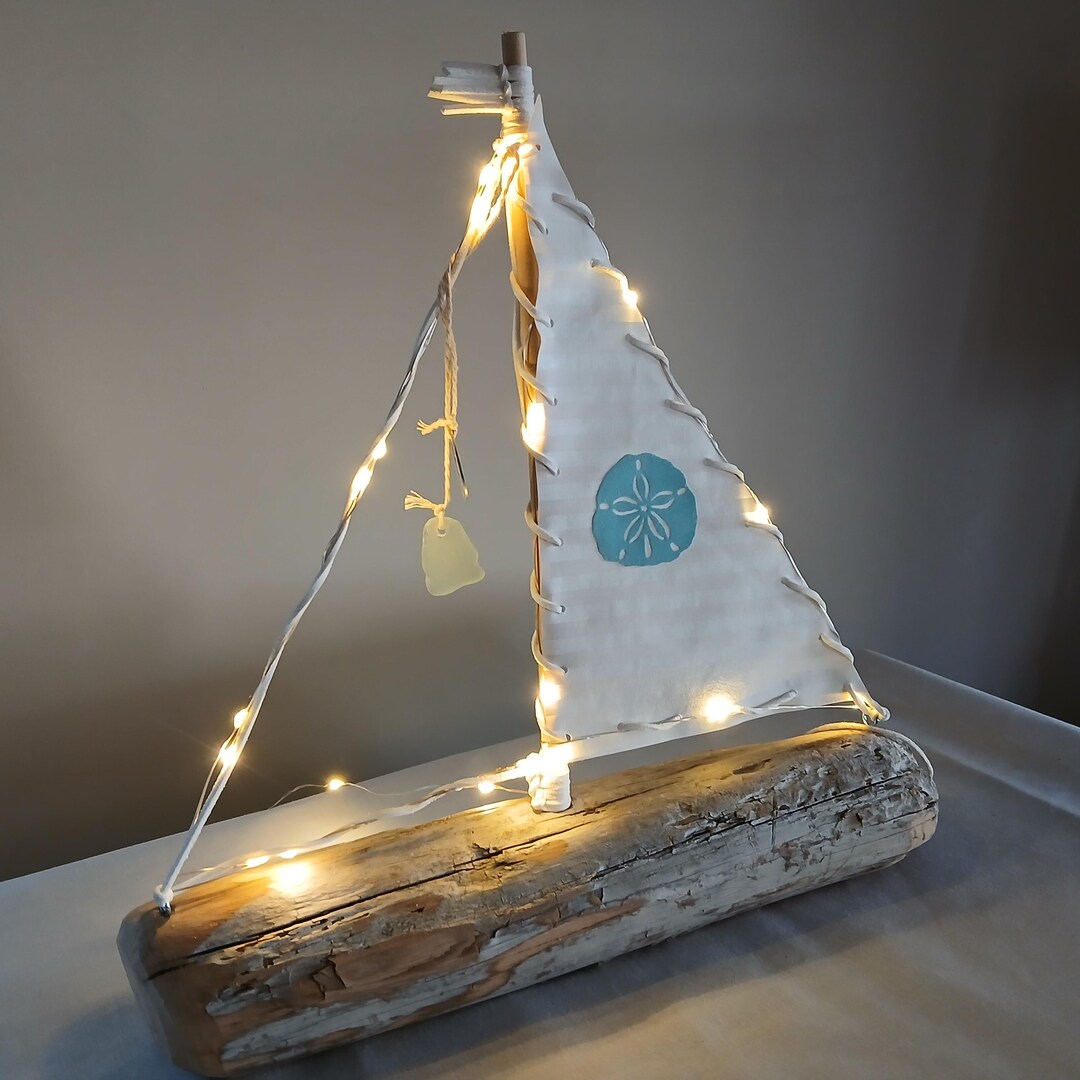 Driftwood Sailboat With Sand Dollar Sail and Plug in USB Lights ...