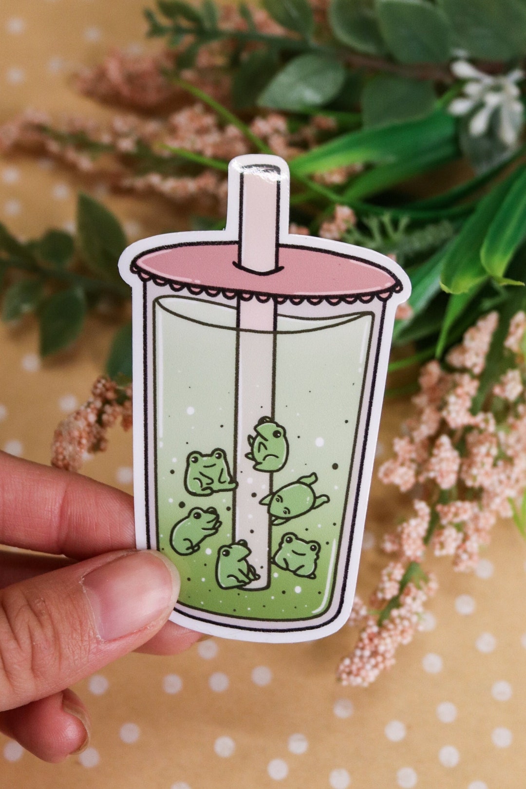 Frog Boba Green Tea Vinyl Sticker, Holographic Sticker - Etsy