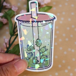 Frog Boba Green Tea Vinyl Sticker, Holographic Sticker - Etsy