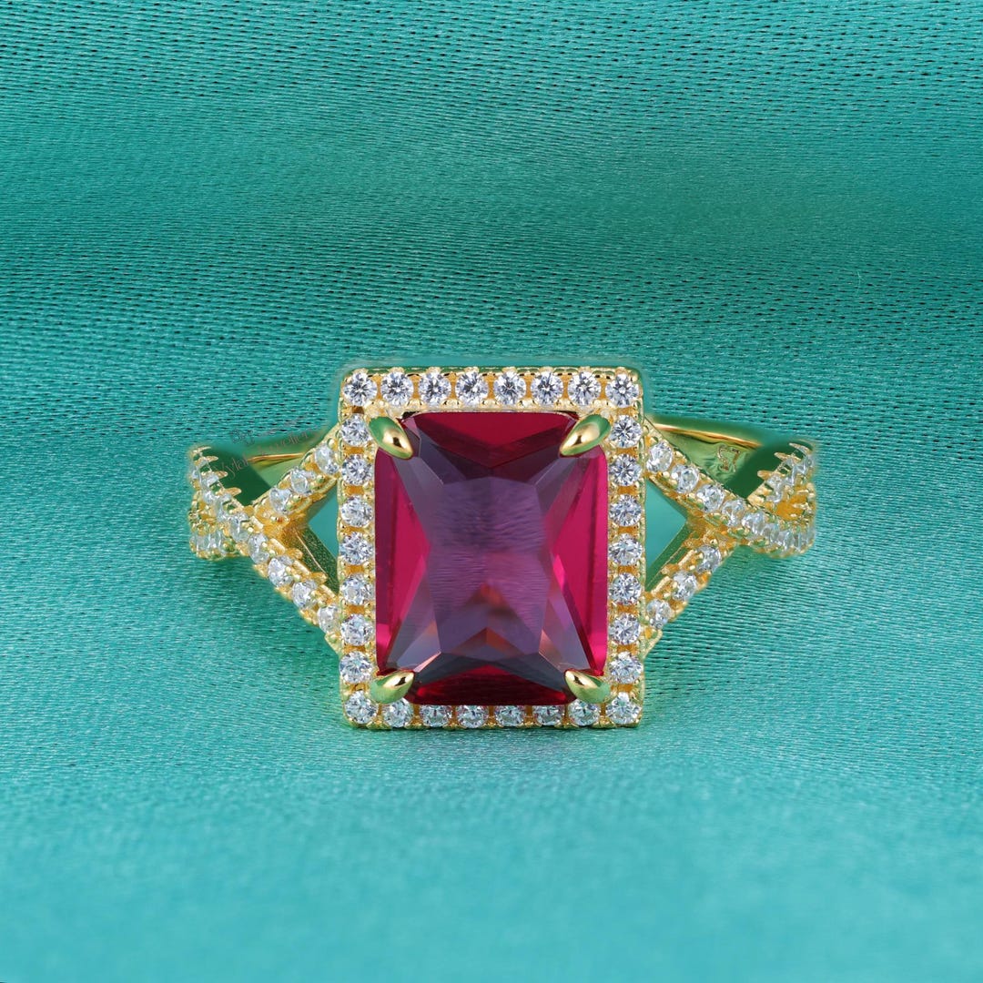 Radiant Cut Ruby Red Ring/ 14K Gold Split Shank Statement Engagement ...