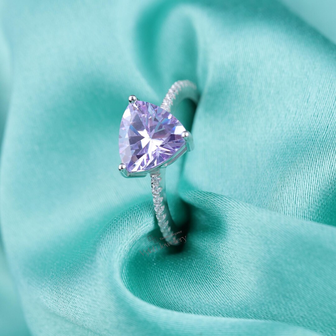 Triangle Gemstone Ring Setting/ Trillion Cut Light Purple Sapphire Engagement Ring/unique ...