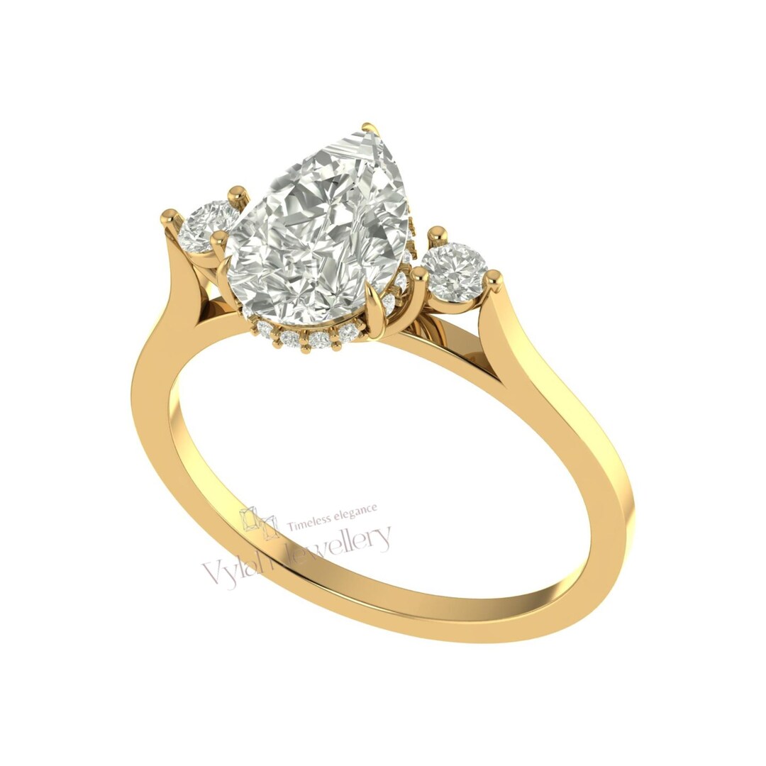 Tear Drop Cut Ring Side Stone Engagement Ring 925 Sterling Silver ...