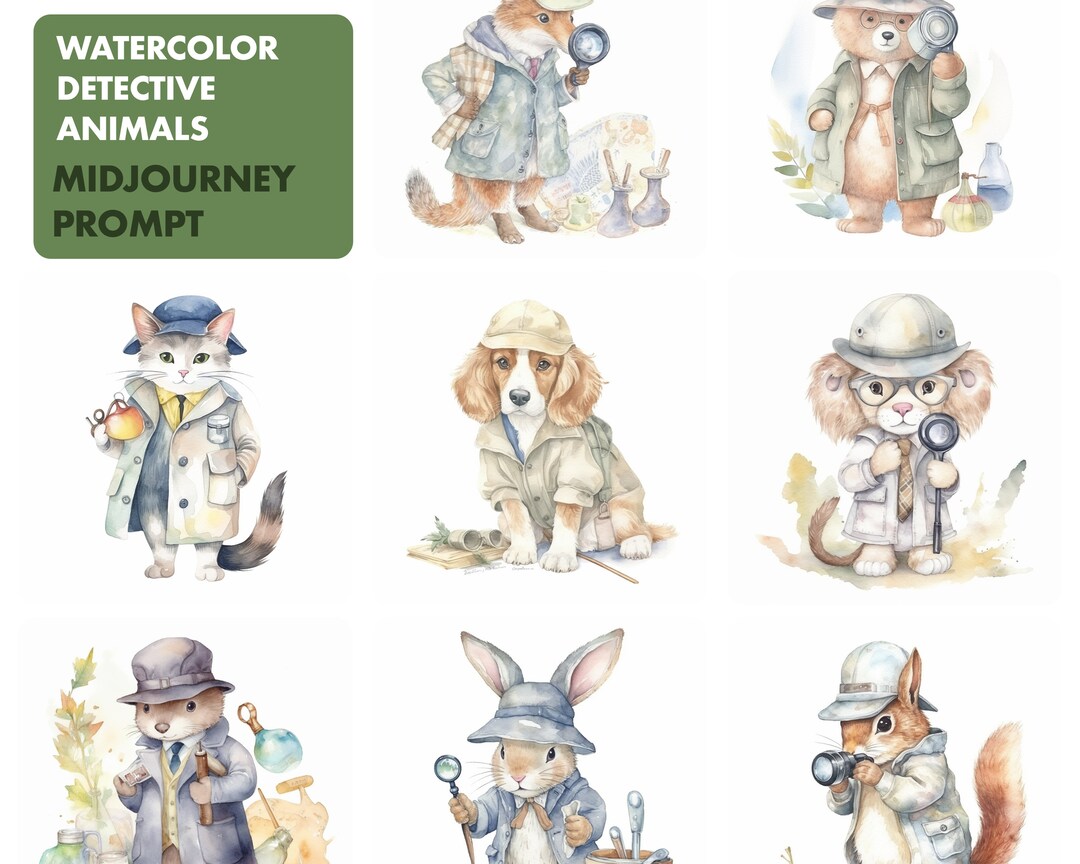 Ai Midjourney Prompt for Watercolour Detective Animals, Nursery Art, Ai ...