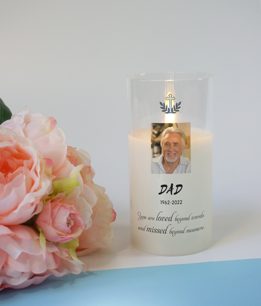 Personalised Photo Memorial Candle, RIP Flameless Flickering LED Glass ...