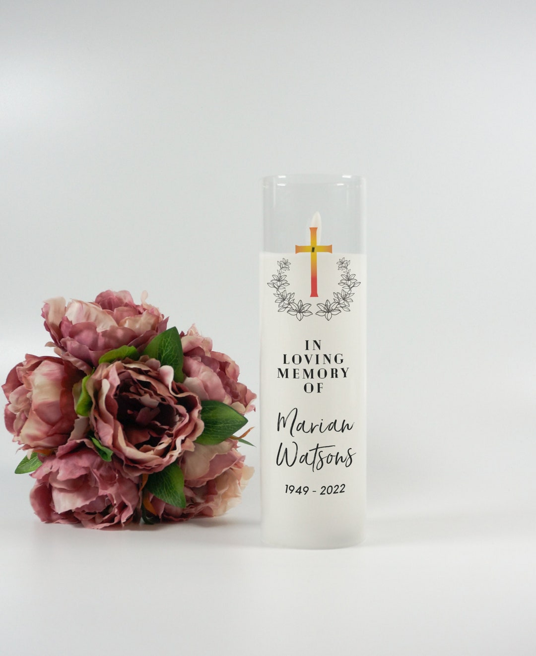 Personalised Memorial Candle, RIP Flameless Flickering LED Glass Wax ...