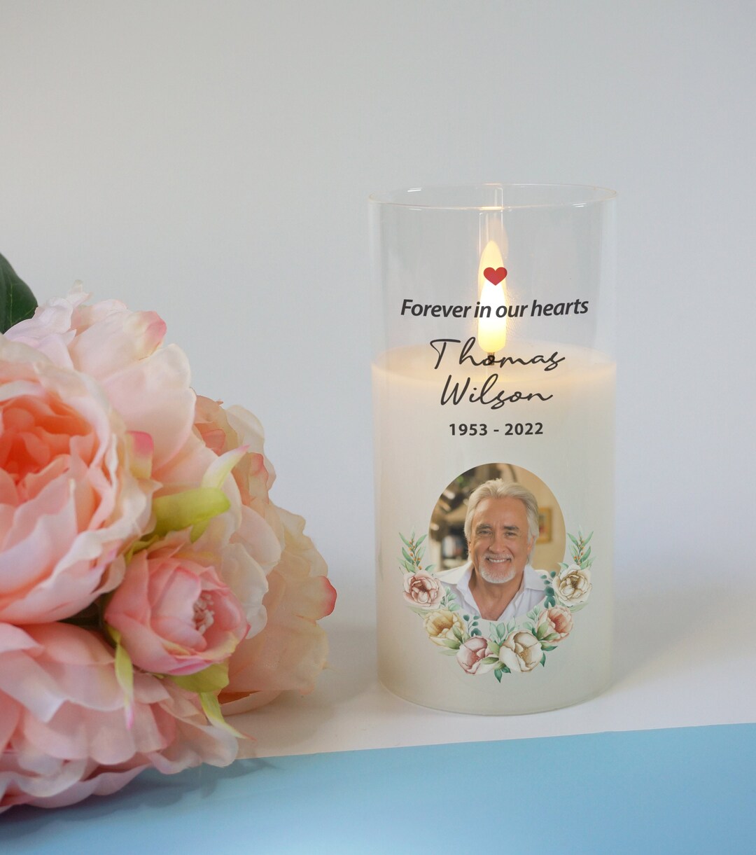 Personalised Photo Memorial Candle, RIP Flameless Flickering LED Glass ...