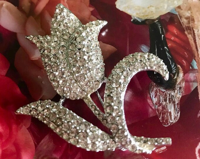 Albert WEISS Signed Brooch Pin Tulip Flower Clear Rhinestone Diamanté ...