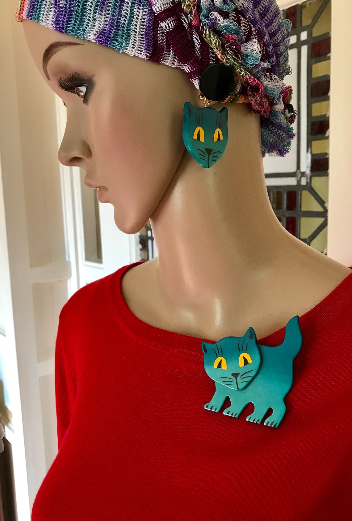 Marie-Christine PAVONE Ensemble Chat Ebahi Turquoise Handmade | Etsy