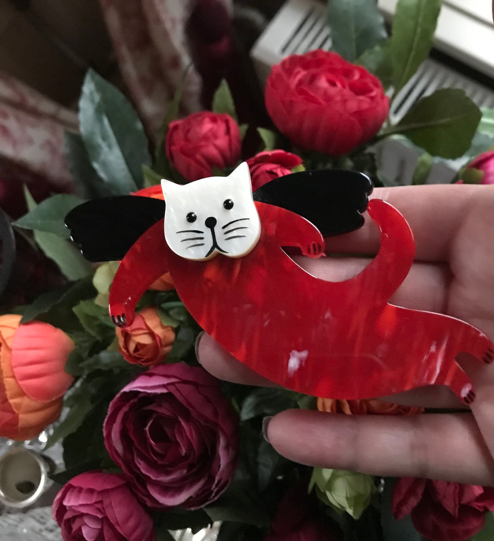 Marie-christine PAVONE Broche Chat Angelo Rouge Flammé Handmade Red ...