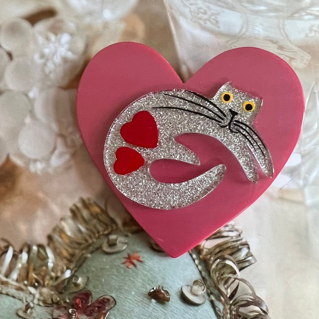 Marie-christine PAVONE Broche Chat Coeur Rose Ëtincelant Handmade Pink ...