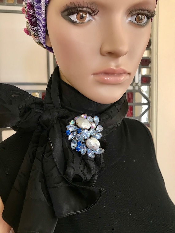 Albert WEISS Icy Blue Rhinestone Brooch Signed Lava R… - Gem