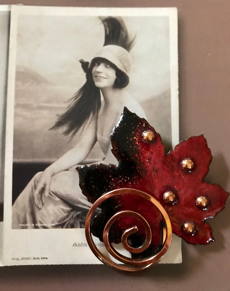 MATISSE Signed Copper Brooch Brown Reddish Enamel Maple Leaf | Etsy