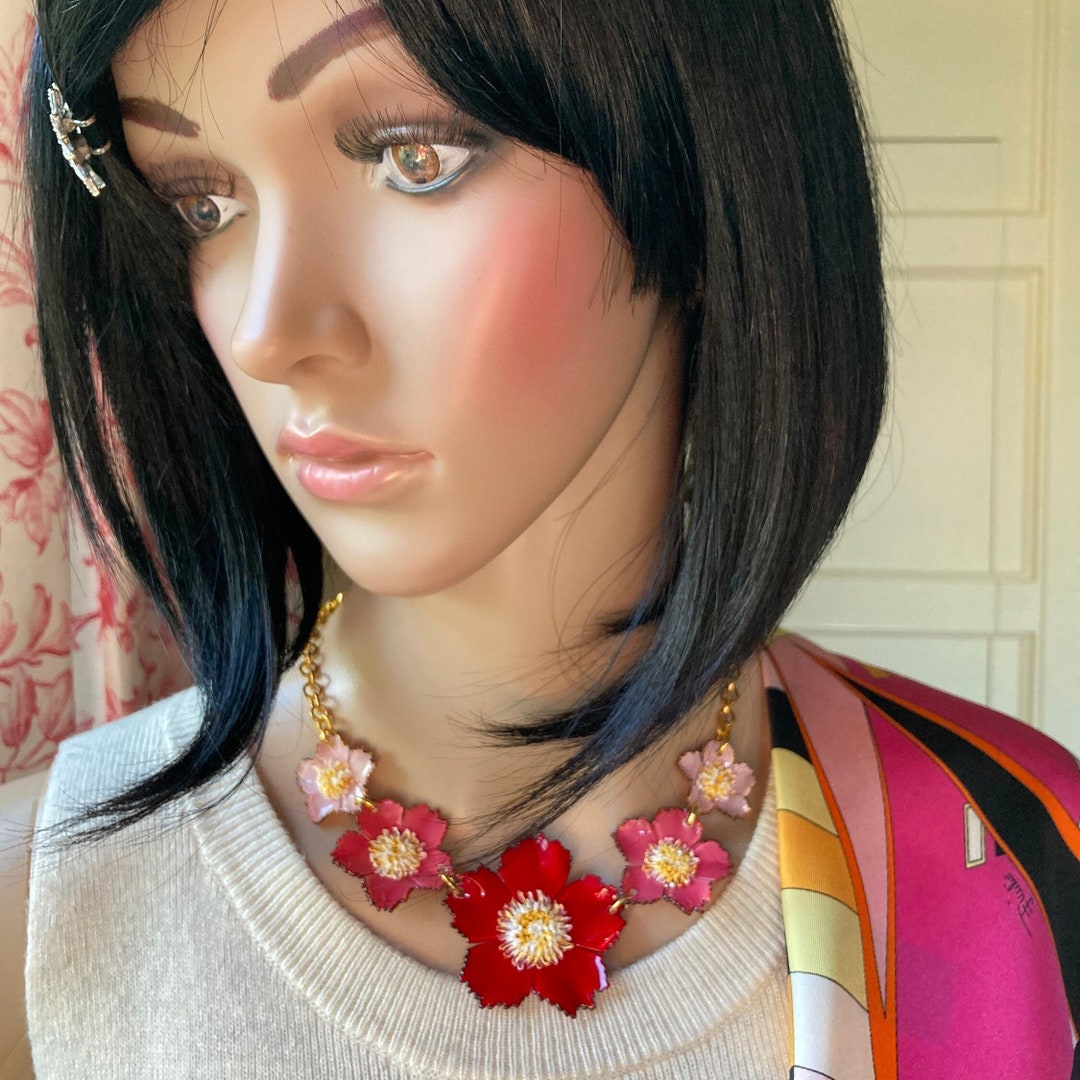 CILÉA PARIS Signed Colier Rose Et Rouge Enameled Resin Red and Pink ...