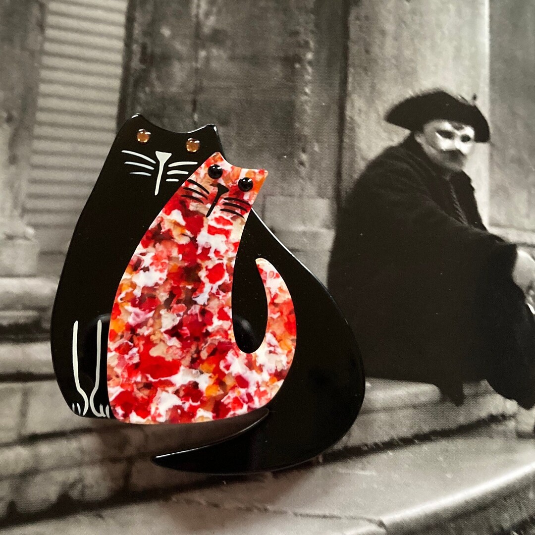 Marie-christine PAVONE Broche Double Chat Noir Rouge Mosaic Black and ...