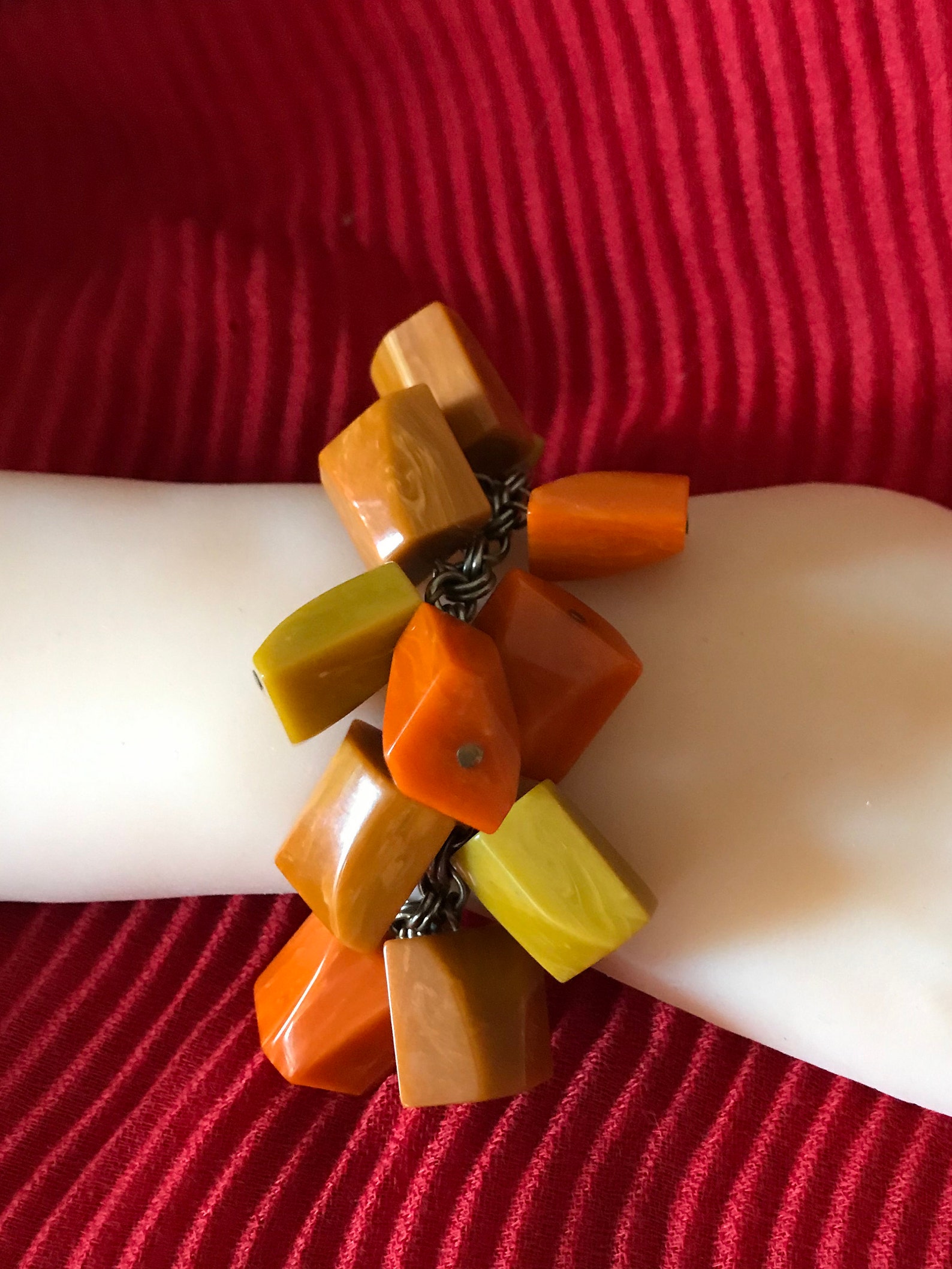 Art Deco BAKELITE Charm Necklace and Bracelet Marbled Orange ...
